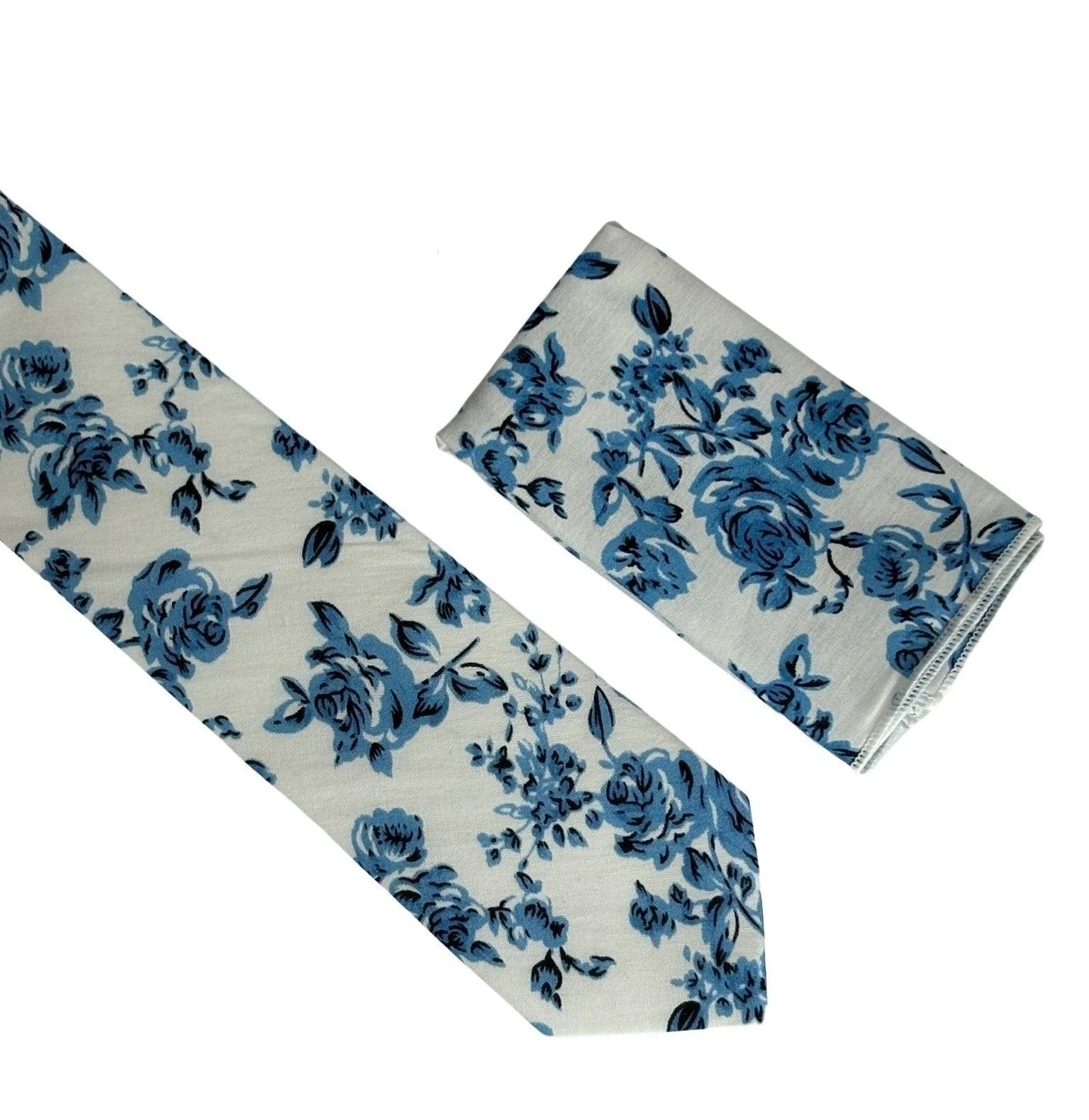 Ivory Cotton Tie with Blue Rose Design – W.H Taylor Shirtmakers